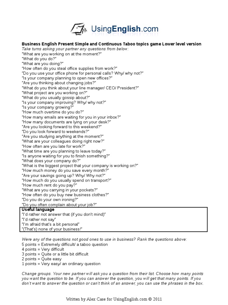 Business English Present Simple and Continuous Taboo Topics Game | PDF | Email