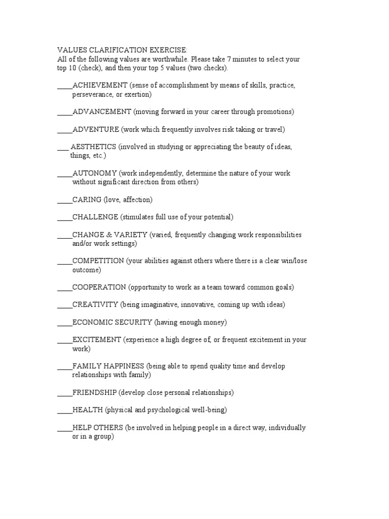 Values Clarification Exercise | PDF | Value (Personal And Cultural ...