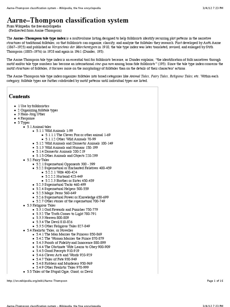 Aarne–Thompson classification system - Wikipedia, the free encyclopedia