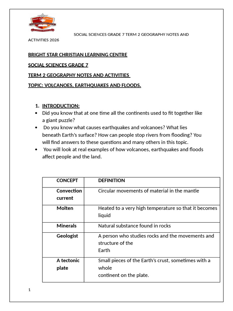 Term 2 Grade 7 Geography Week 1 Notes and Activities | PDF | Plate ...