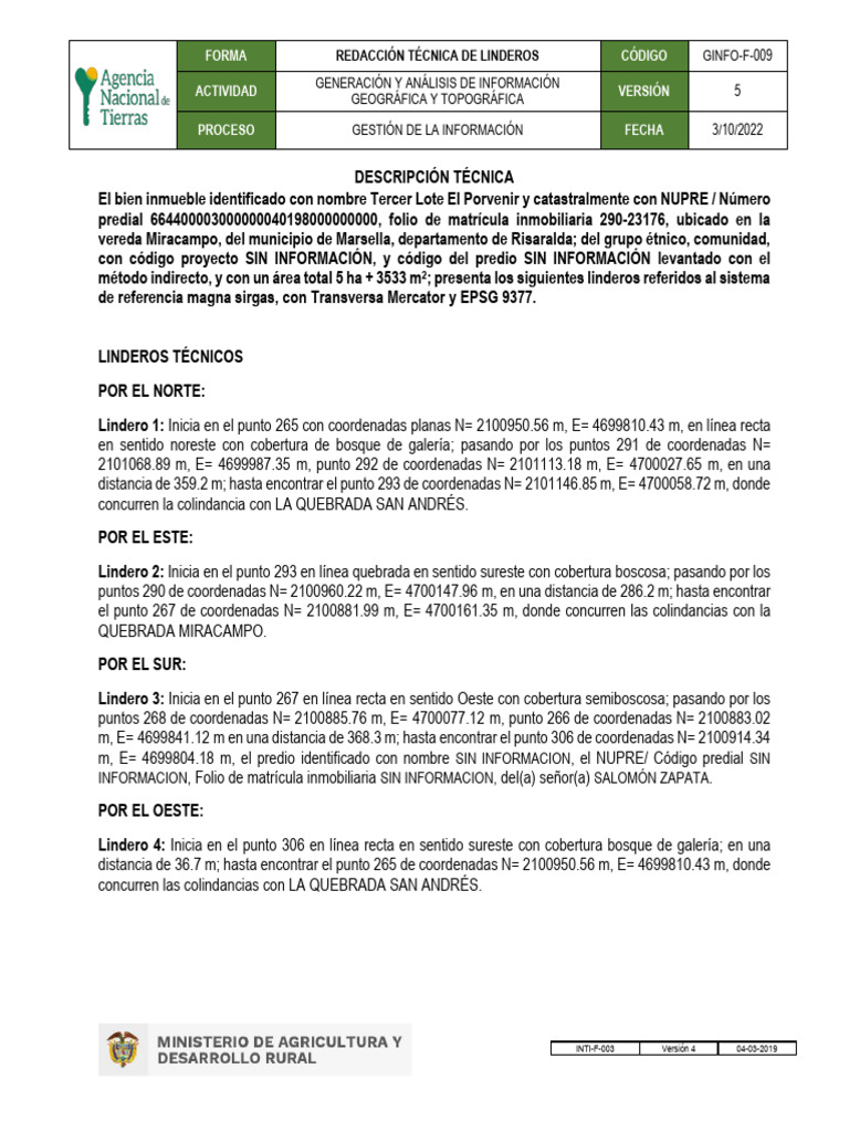 Ginfo-f-009 Redacción Técnica de Linderos v5_el Porvenir | PDF | Datos ...