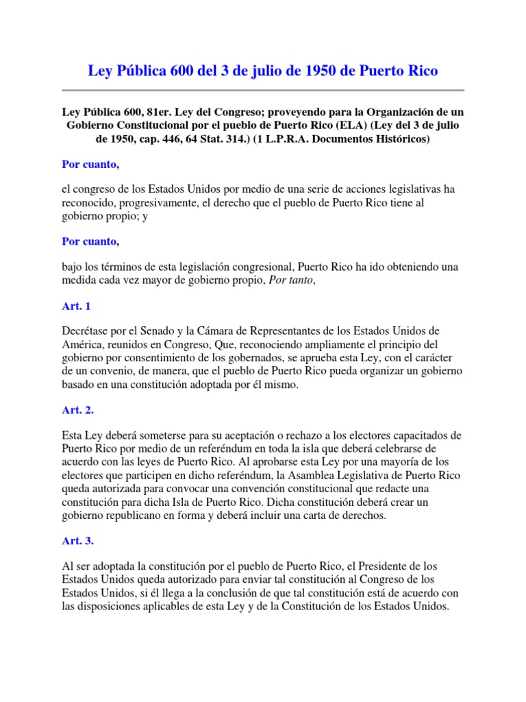 Ley Pública 600 Del 3 de Julio de 1950 de Puerto Rico | PDF | Puerto ...