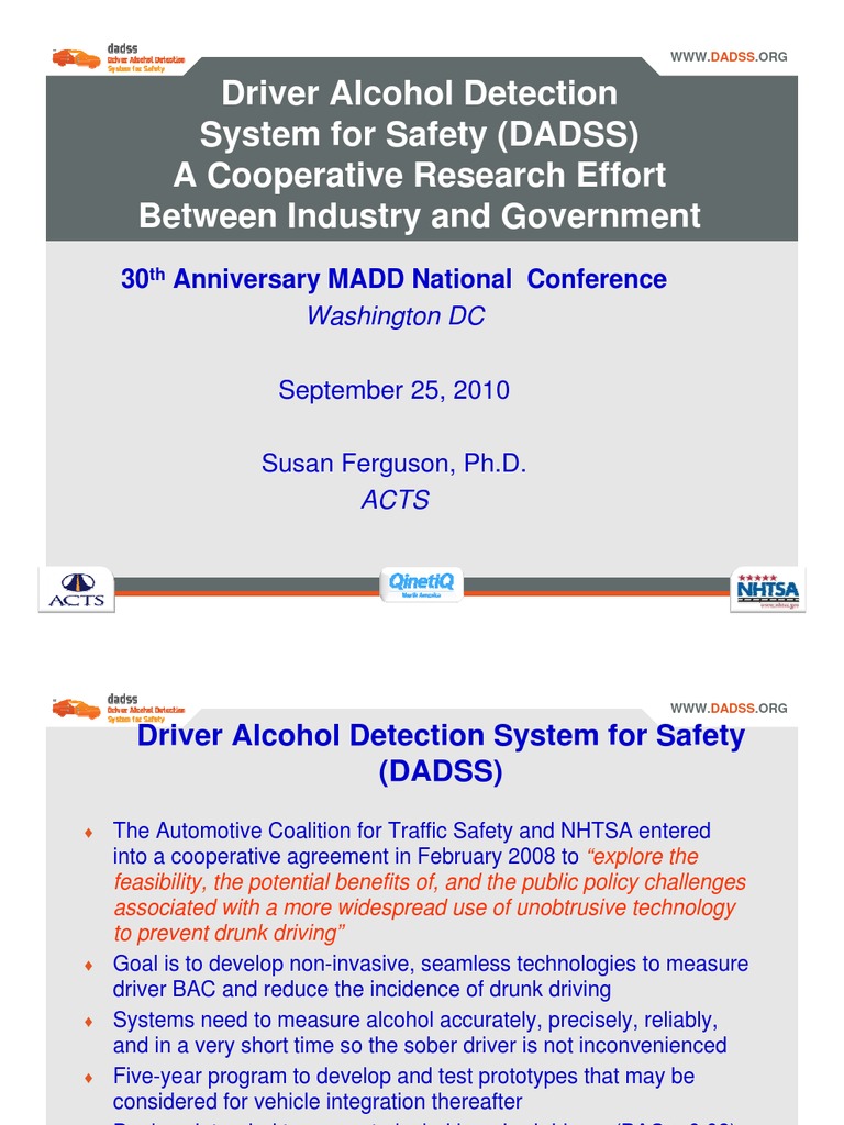 Driver Alcohol Detection System For Safety (DADSS) A Cooperative ...