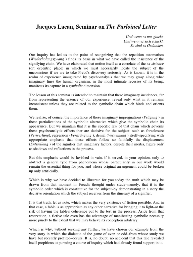 Lacan The Purloined Letter | PDF | Jacques Lacan | Communication
