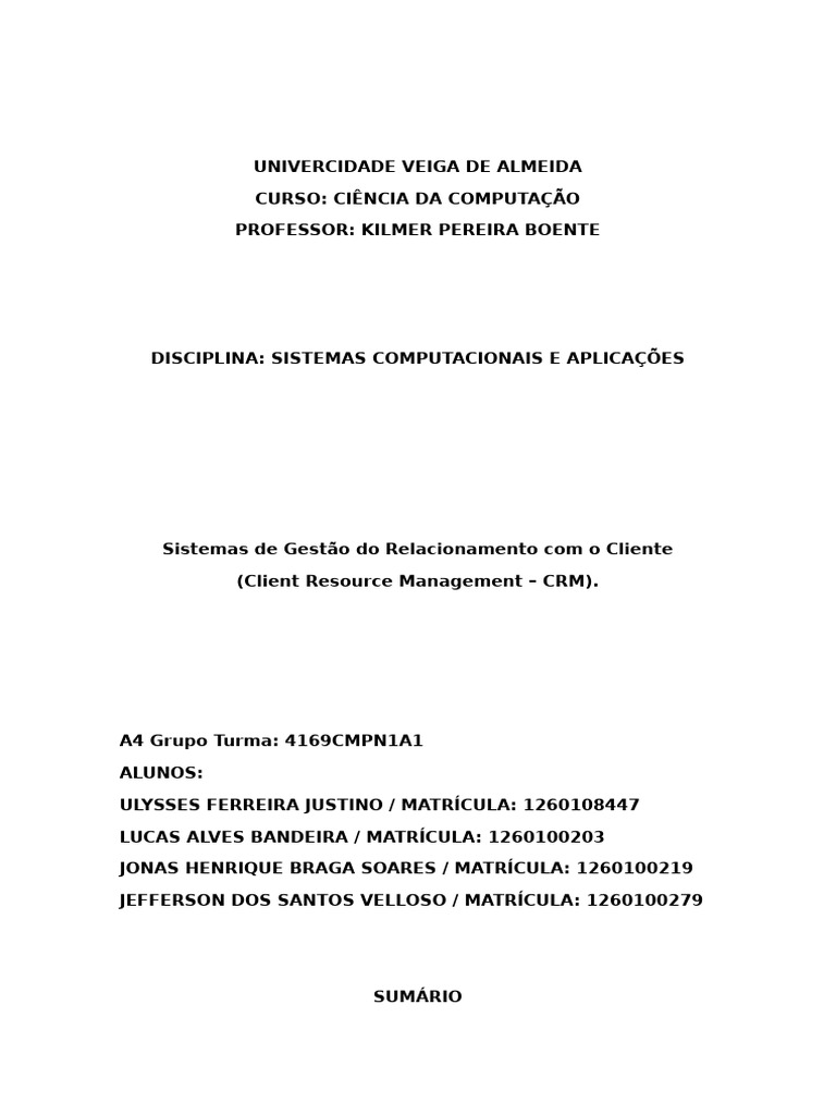 A4 SISTEMAS CONPUTACIONAIS | PDF | Gestão de relacionamento com o ...