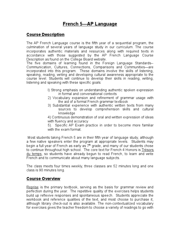 French 5-AP Language: Course Description | PDF | Advanced Placement ...