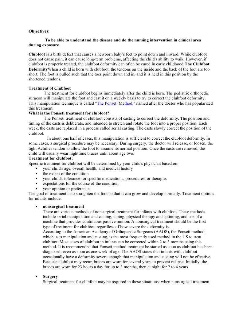 Objectives CLUB FOOT | PDF | Therapy | Health Care