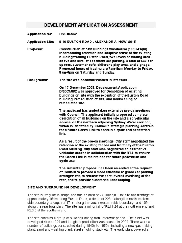 DA Assessment Report - D 2010 562 - Bunnings Euston RD Alexandria | PDF ...