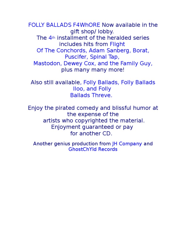 Folly Ballads F4Whore 4 Flight of The Conchords, Adam Sanberg, Borat ...