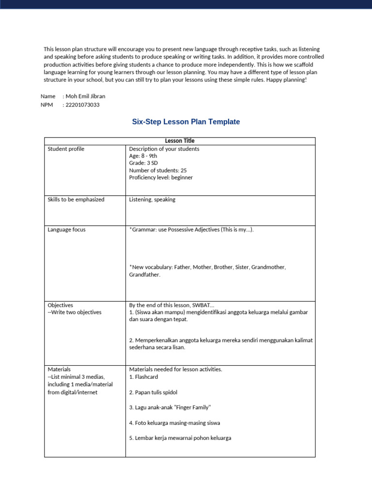 Six Step Lesson Plan -Worksheet | PDF | Lesson Plan | Language Acquisition