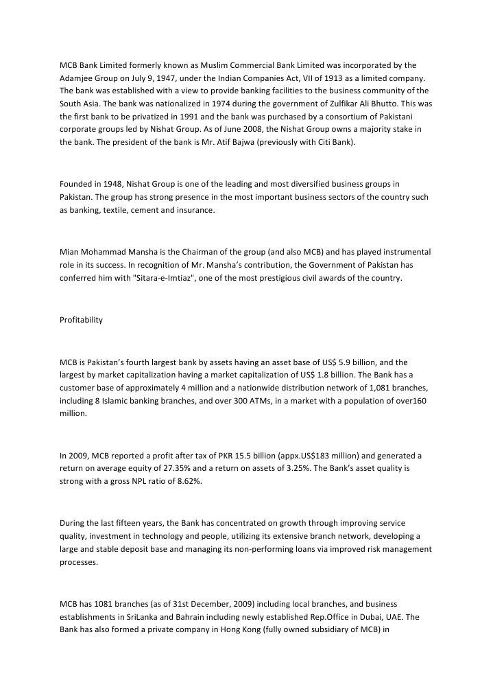 MCB Bank Limited Formerly Known As Muslim Commercial Bank Limited Was ...