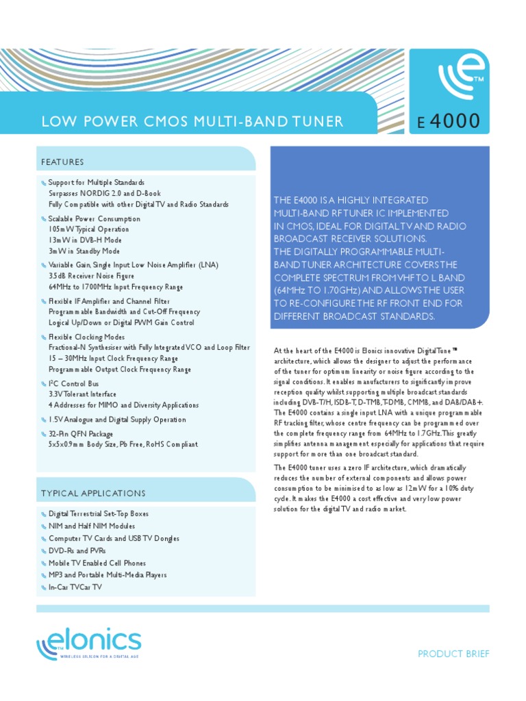 Elonics E4000 - Low Power CMOS Multi-Band Tunner - Product Brief | PDF ...