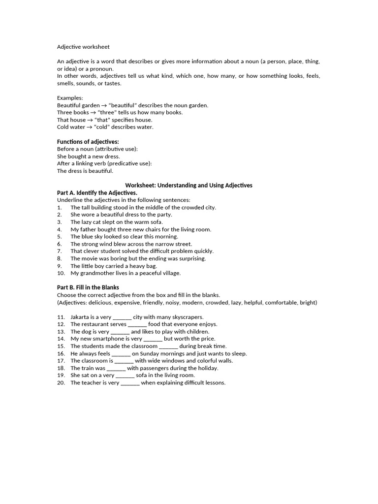 Adjective Worksheet | PDF