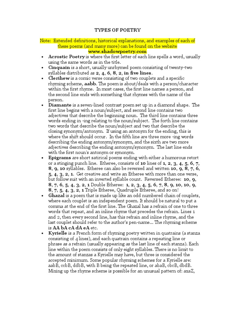Types of Poetry | PDF