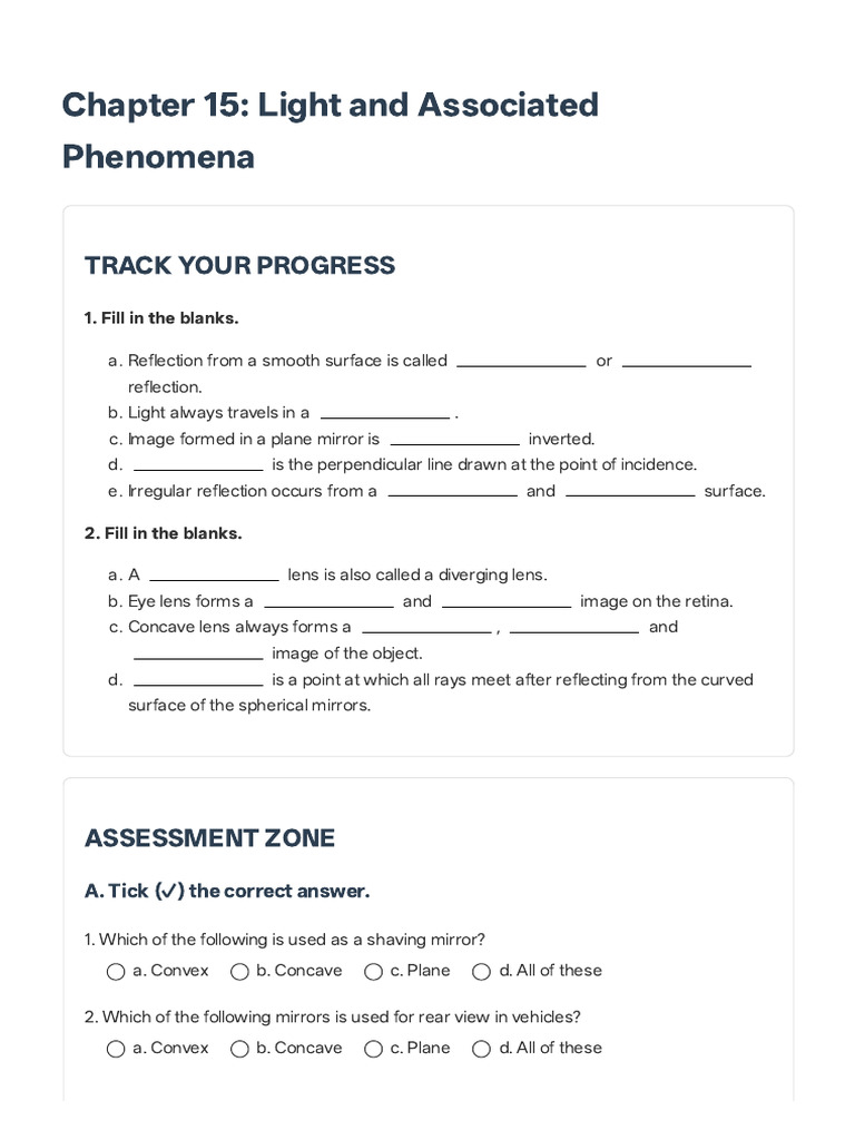 Light and Associated Phenomena - Assessment | PDF | Mirror ...