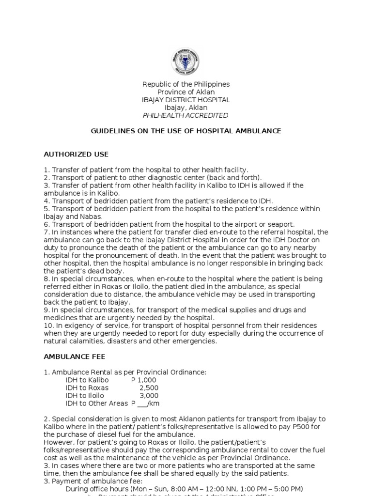 Aklan Hospital Ambulance Guidelines | PDF | Ambulance | Hospital