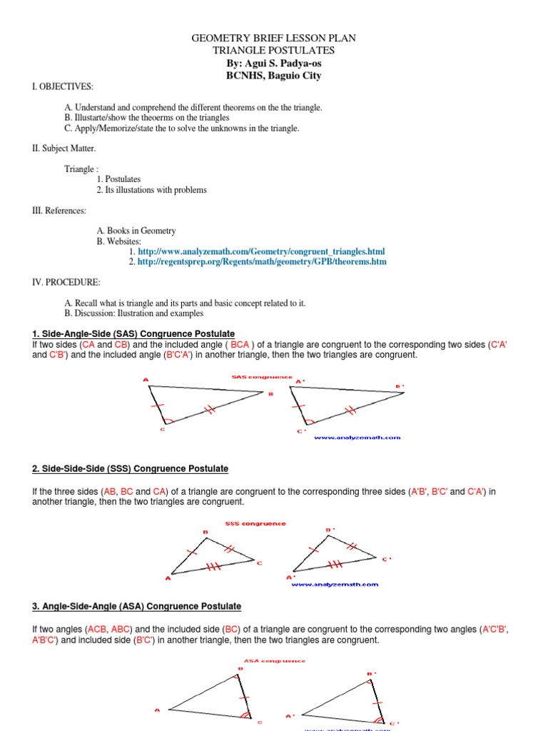 Lesson Plan in Triangle Postulates | PDF | Triangle | Euclidean Geometry