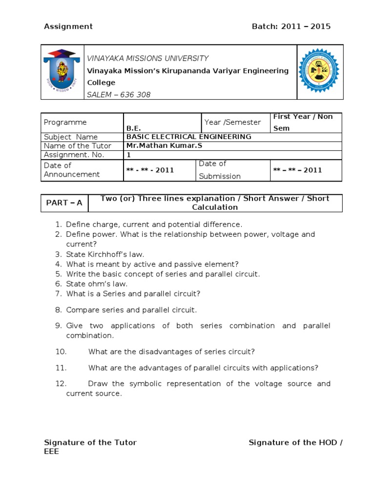 Basic Electrical Assignment | Series And Parallel Circuits | Ac Power