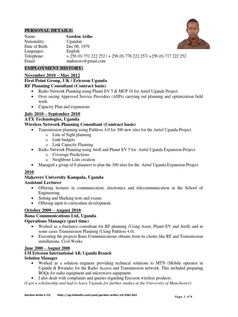 Gordon Ariho CV 2012 August | PDF | Ericsson | Telecommunications ...