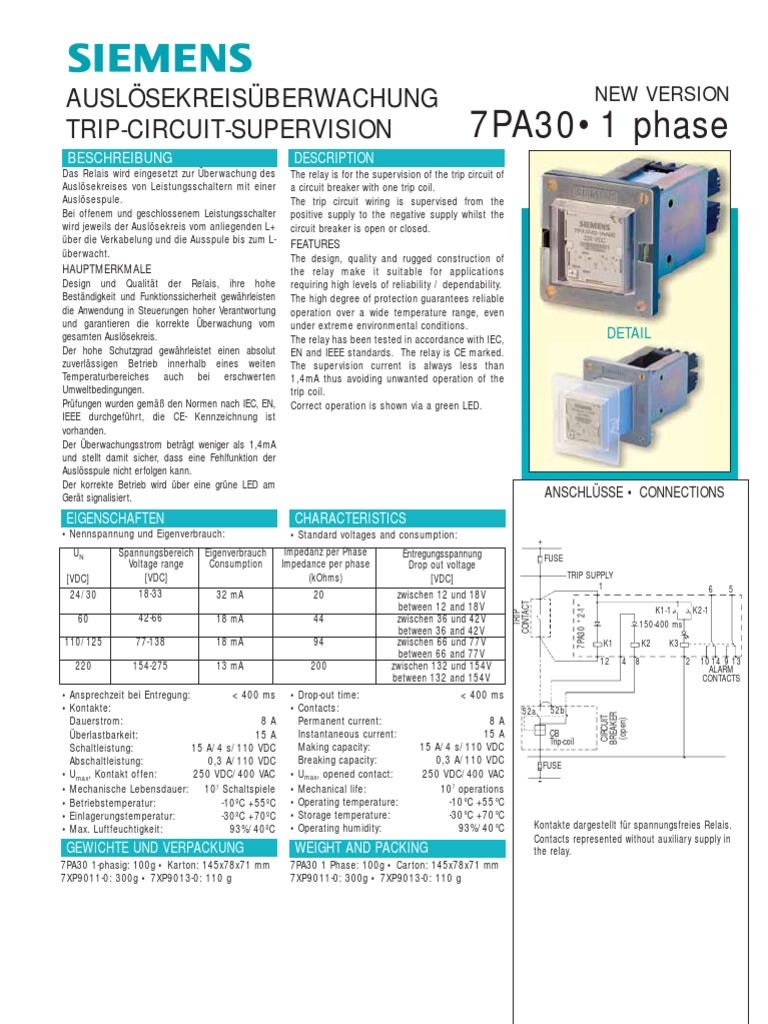 Rele Siemens 7PA30 Supervisión Bobina de Disparo Monofásico Broshure | PDF