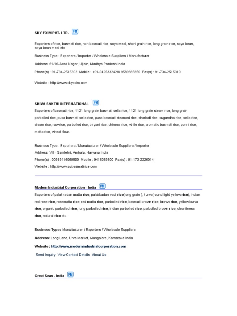 Indian Rice Exporters Directory | PDF | Curry | Rice