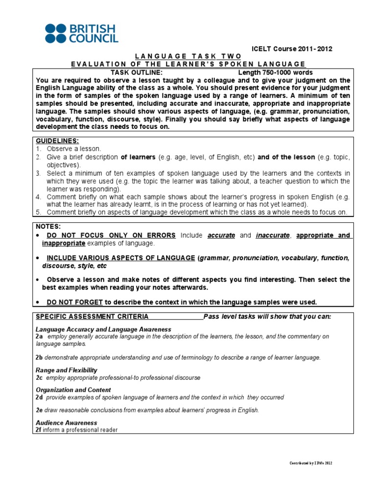 Language Task 2 Evaluating Learners' Spoken Language | PDF | Language ...