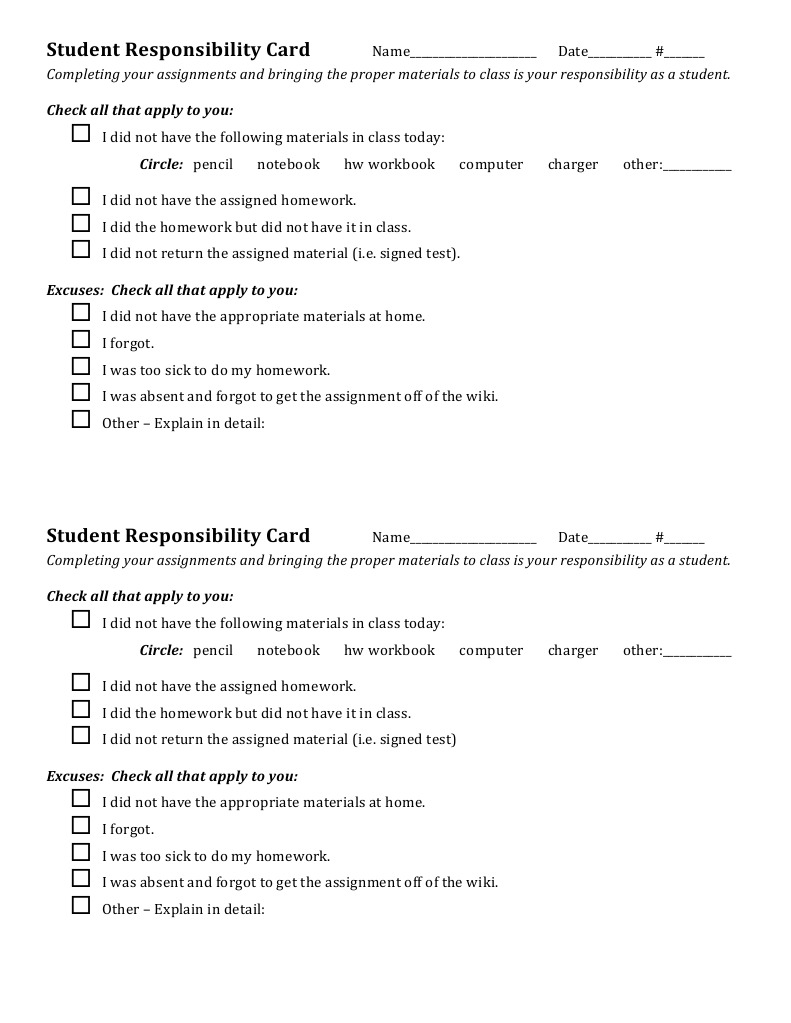 Student Responsibility Card | PDF