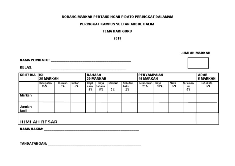 Borang Markah Pertandingan Pidato Peringkat Dalamam | PDF