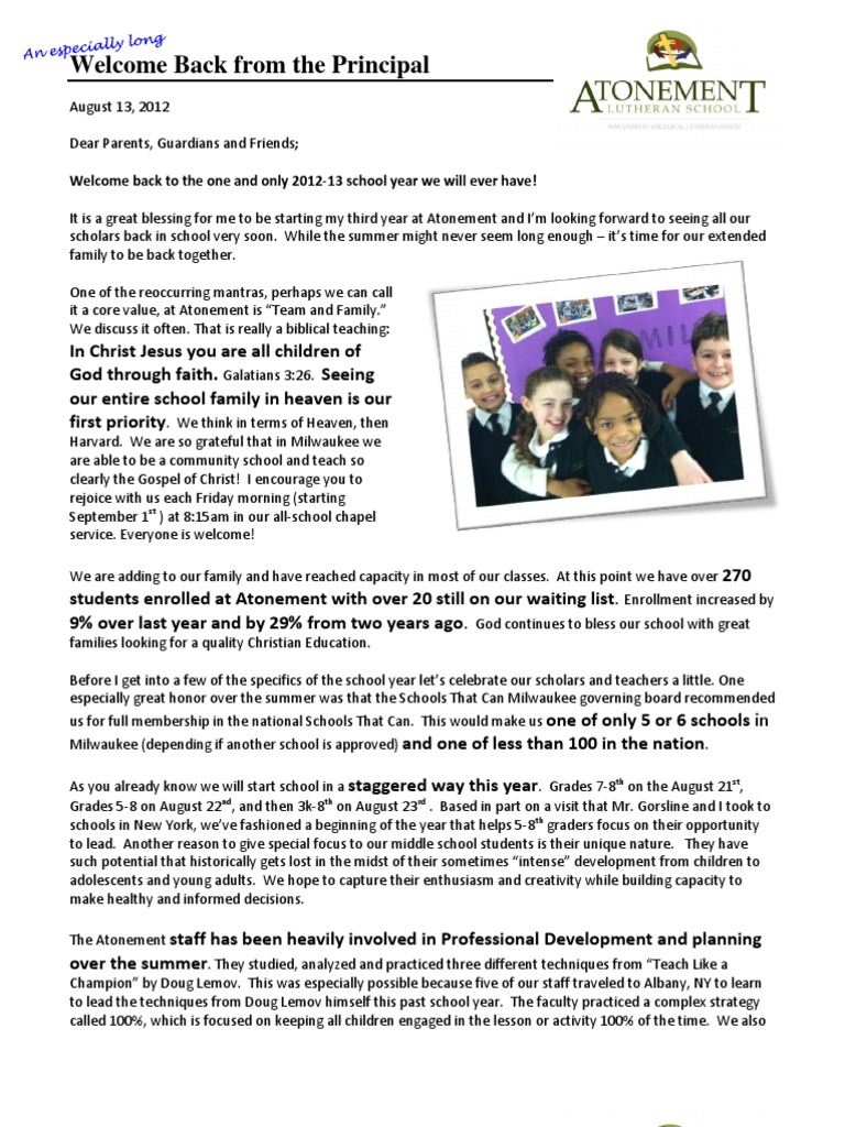 Principal Welcome Back Letter 2012 | PDF | The Gospel | Jesus