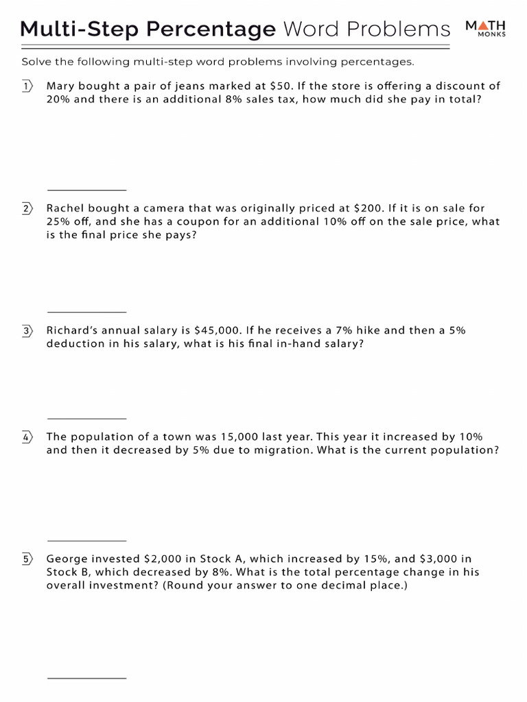 Multi Step Percentage Word Problems Worksheet | PDF