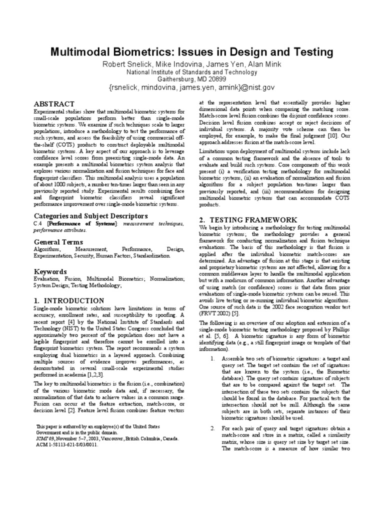 Multimodal Biometrics Design & Testing | PDF