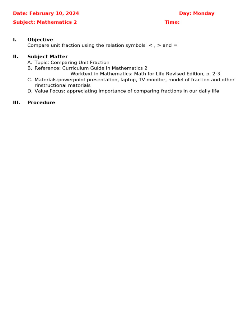 Lesson Plan in Mathematics 2 Comparing Unit Fractions | PDF