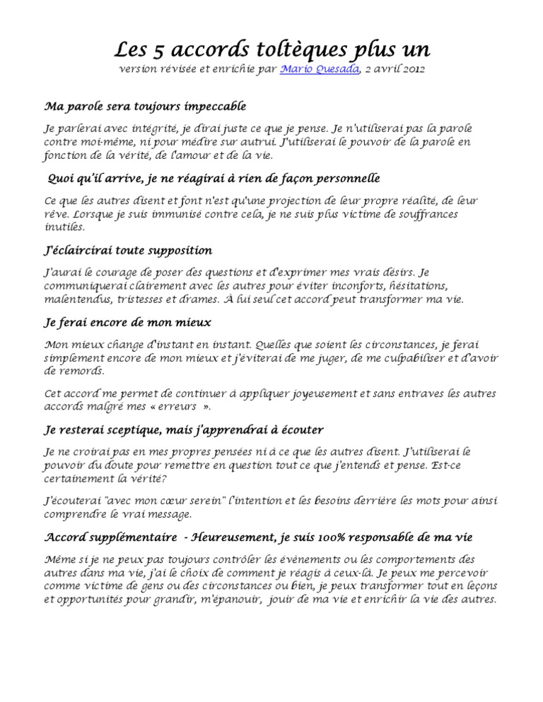 Les 5 Accords Toltèques Plus Un | PDF