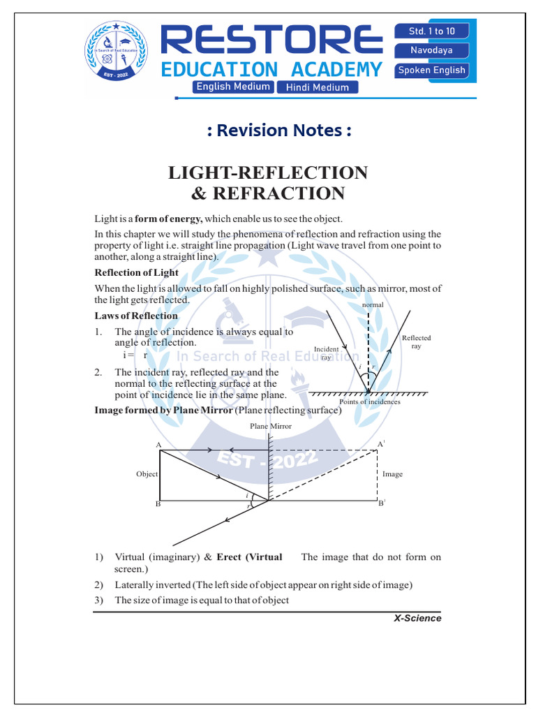 09 Light-reflection & Refraction | PDF | Mirror | Cartesian Coordinate ...