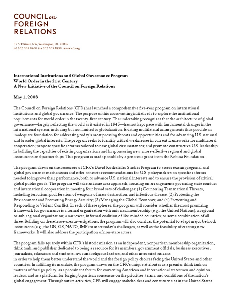CFR Initiative on Global Governance Reform | PDF | Global Governance ...