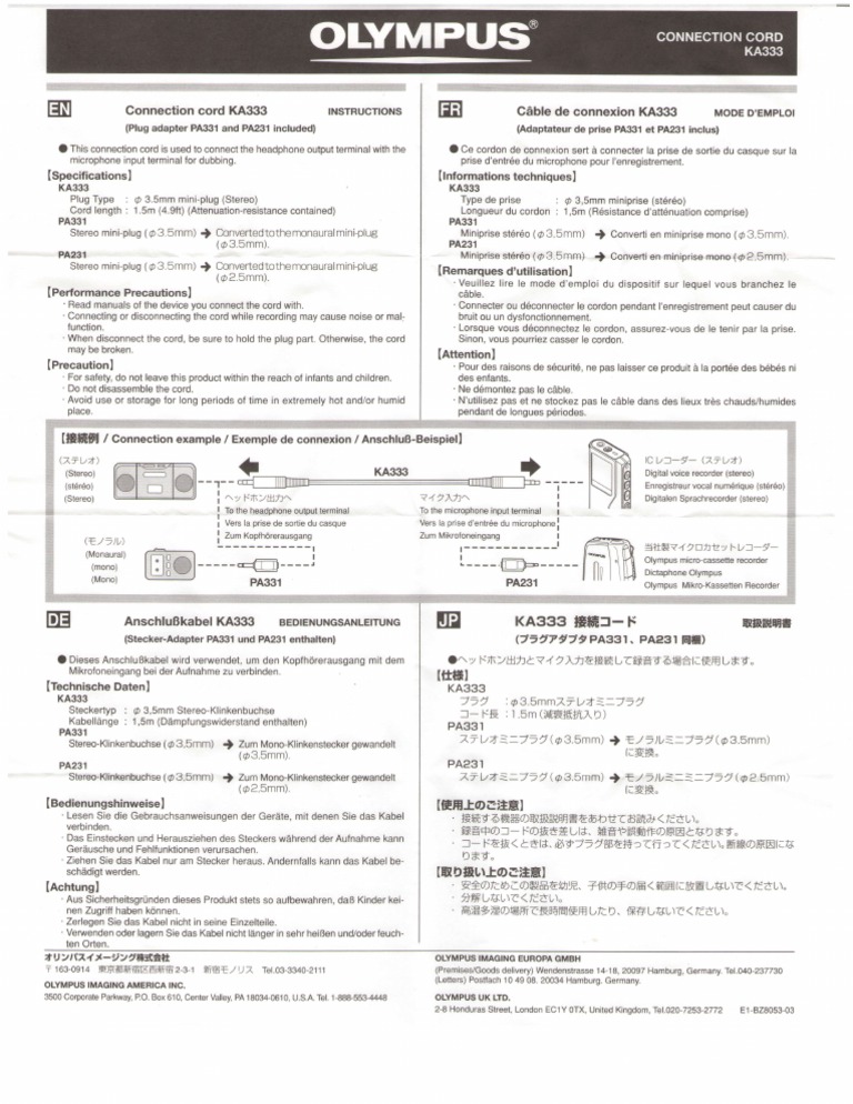 Olympus Connection Cord KA333 Instructions | PDF | Sound Production Technology | Electrical ...