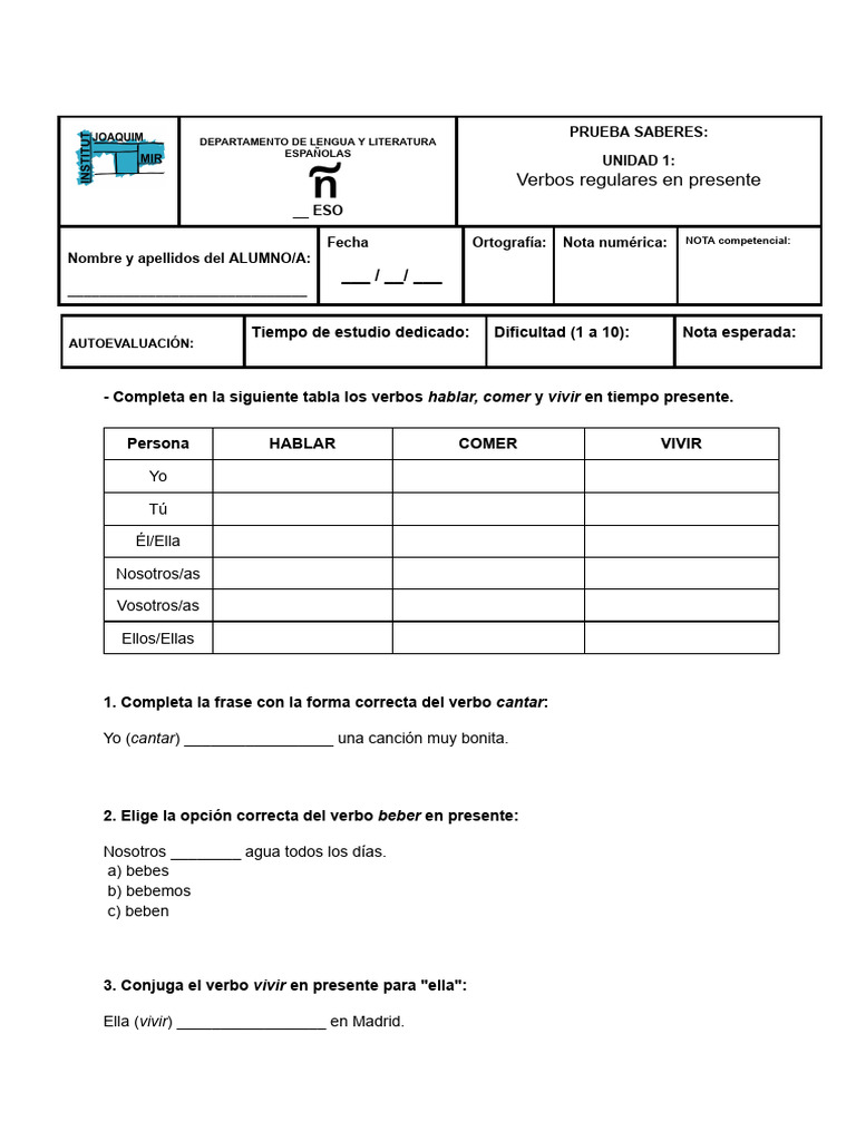 Examen Verbos en Presente | PDF | Verbo | Mecánica del lenguaje