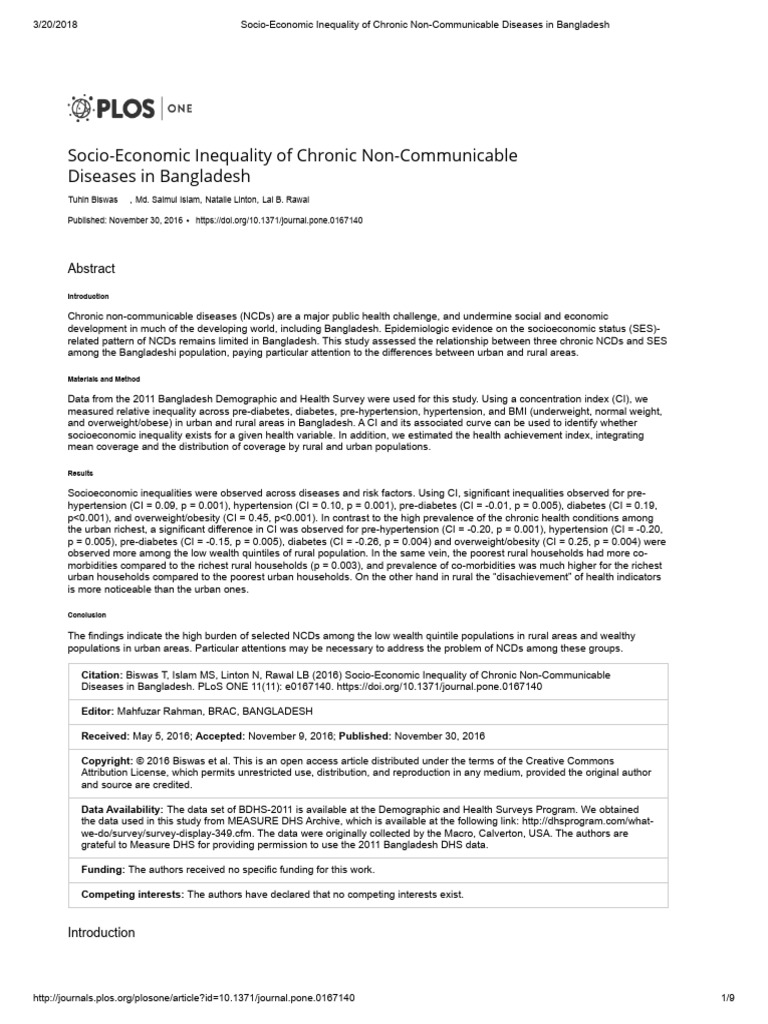 SES Inequality NCD in Bangladesh | PDF | Non Communicable Disease ...
