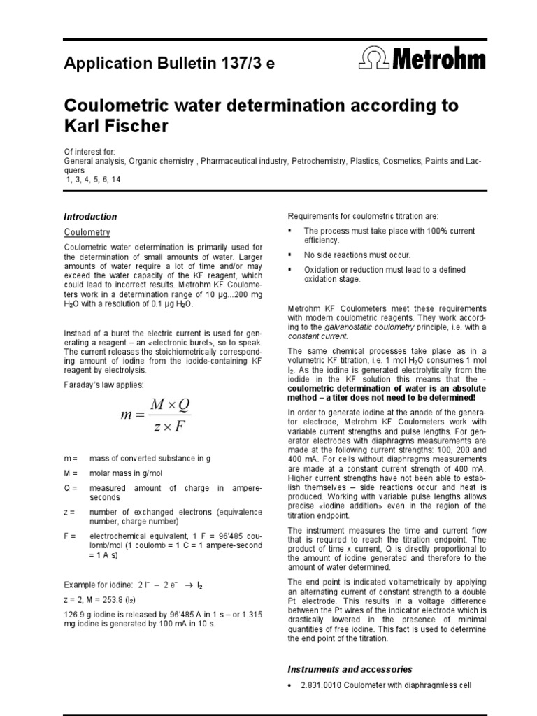 Coulometric Water Determination According To Karl Fischer | PDF ...