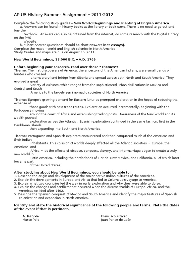 AP US History Summer Assignment 2011 | PDF | Native Americans In The ...