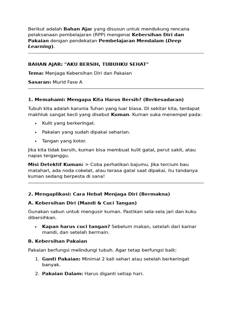 BAHAN AJAR Kebersihan & Kesehatan Diri Kelas 3 | PDF