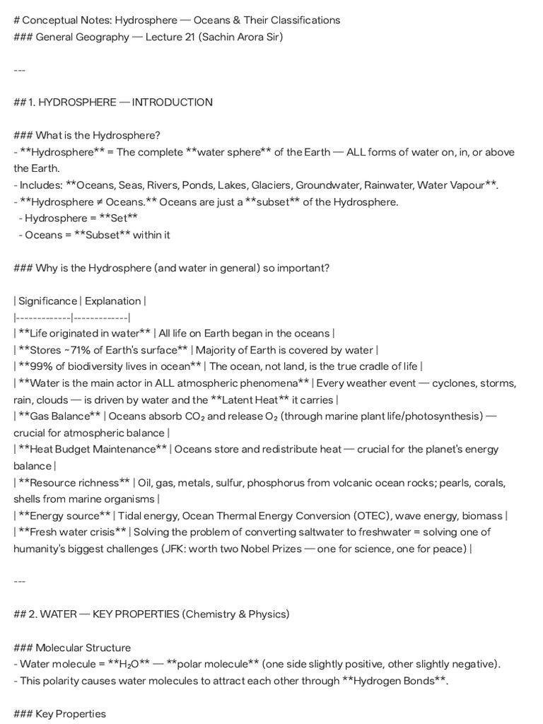 Lecture21 Conceptual Notes Hydrosphere Oceans Classifications.md | PDF