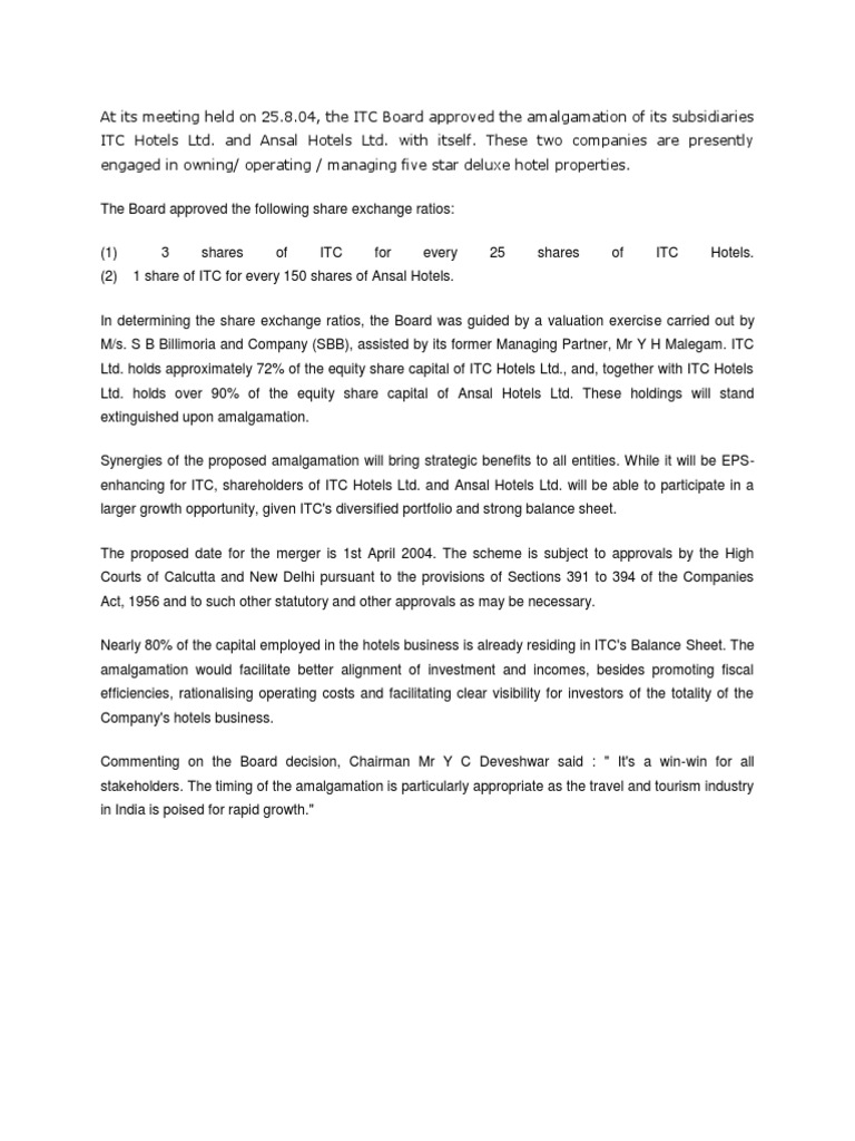ITC Hotels and Ansal Hotels Merger | PDF | Mergers And Acquisitions ...