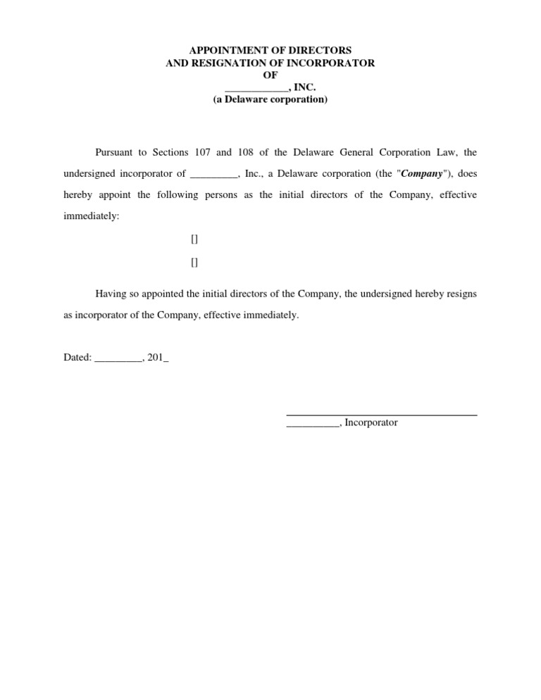 Appointment of Directors and Resignation of Incorporator-FP
