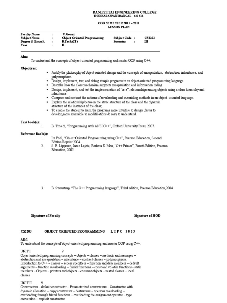 Oops Lesson Plan | PDF | C++ | Constructor (Object Oriented Programming)