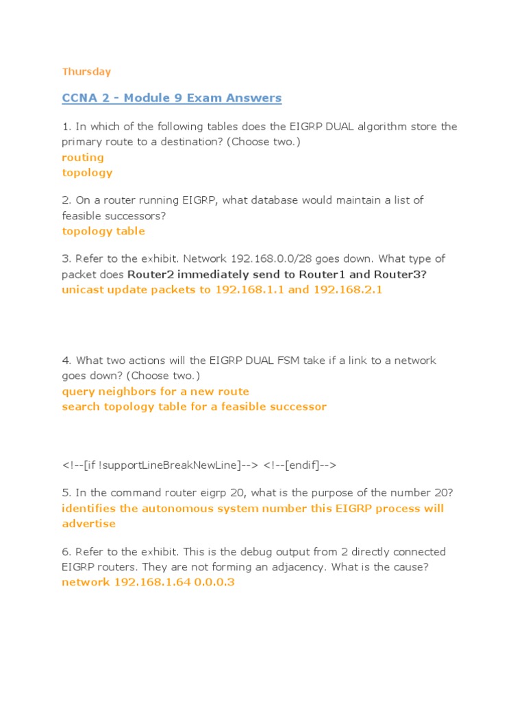 CCNA 2 - Module 9 Exam Answers: Thursday | PDF | Routing | Router (Computing)