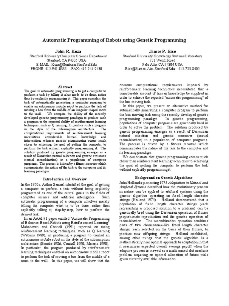 Automatic Programming of Robots Using Genetic Programming: John R. Koza ...