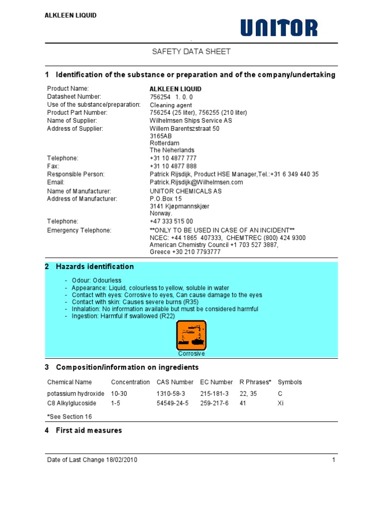 Safety Data Sheet for Alkleen Liquid: A Corrosive Cleaning Agent | PDF ...