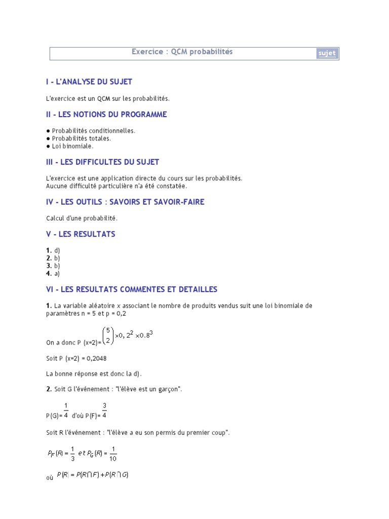 Correction Bac Maths S QCM Proba | PDF