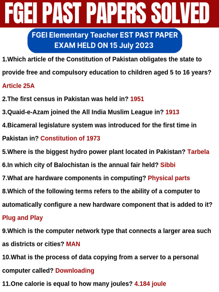 Past Papers FGEI (Elementary Teacher, UDC, LDC, Assistant, Laboratory ...